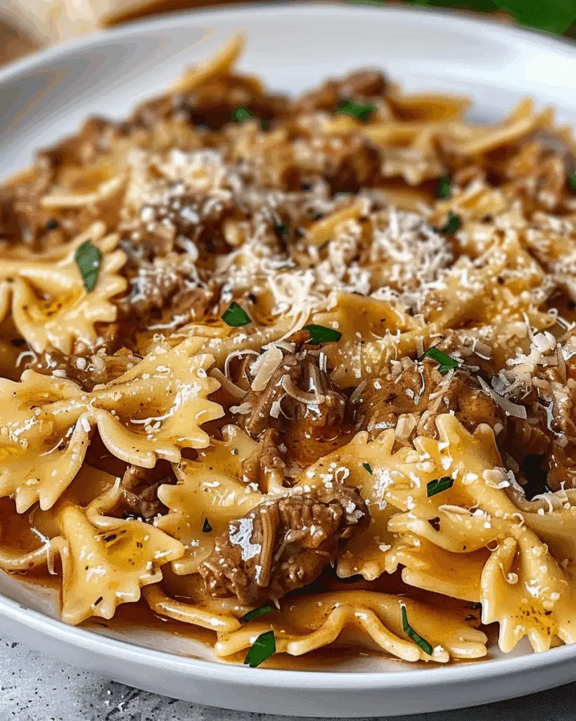Creamy Parmesan Garlic Beef Bowtie Pasta | Cheryl's Cooking