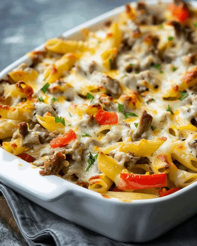 Philly Cheesesteak Pasta Bake | Cheryl's Cooking