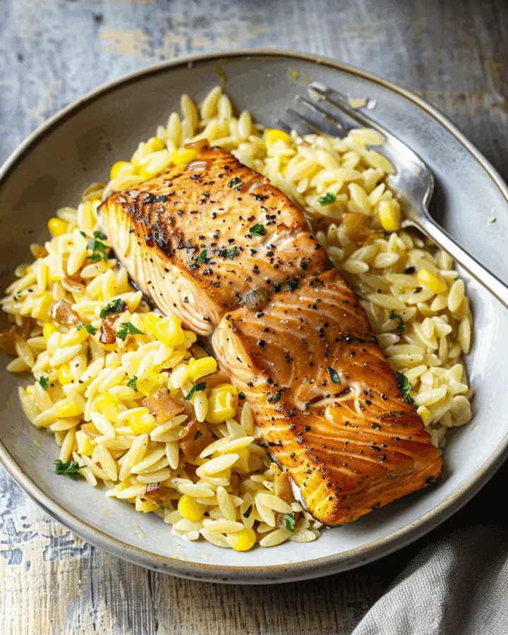 Creamed Corn Orzo with Seared Salmon | Cheryl's Cooking