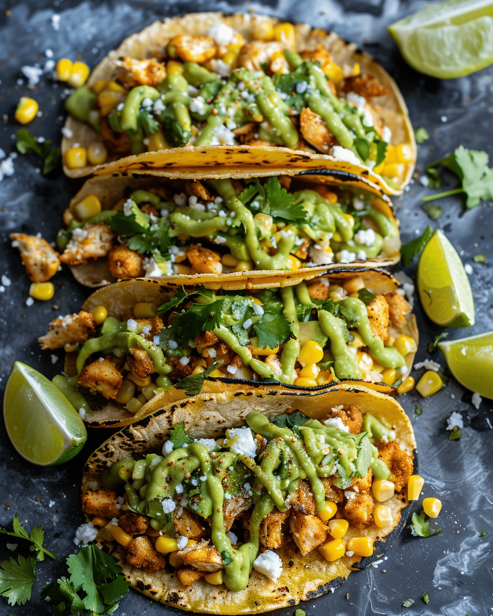Crispy Chicken Street Corn Tacos with Avocado Drizzle | Cheryl's Cooking